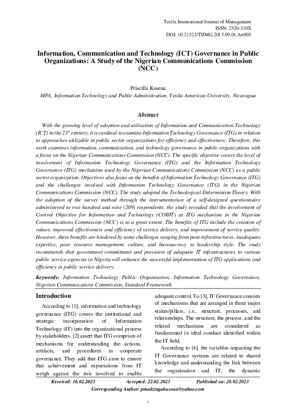 Pdf Information Communication And Technology Ict Governance In Public Organizations A