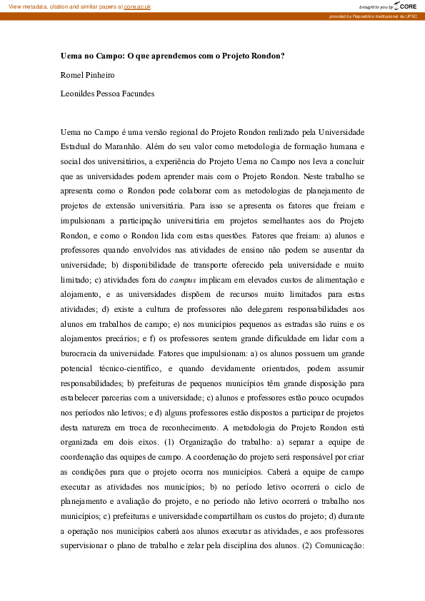 (PDF) Uema no Campo: O que aprendemos com o Projeto Rondon?