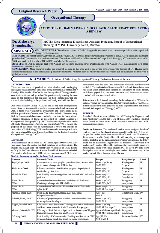 (PDF) Activities of Daily Living in Occupational Therapy Research– A Review