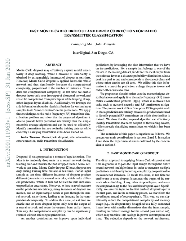 (PDF) Fast Monte Carlo Dropout and Error Correction for Radio Transmitter Classification