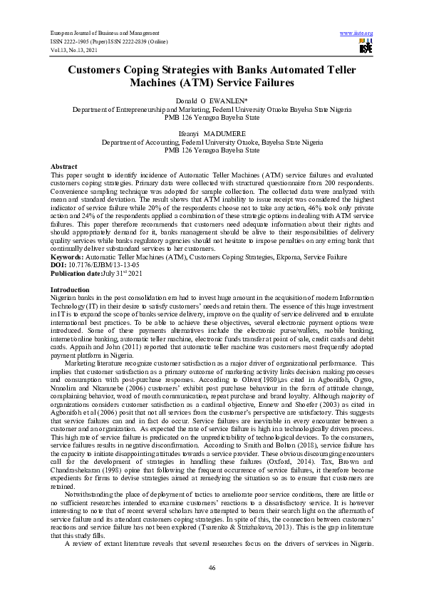 (PDF) Customers Coping Strategies with Banks Automated Teller Machines (ATM) Service Failures