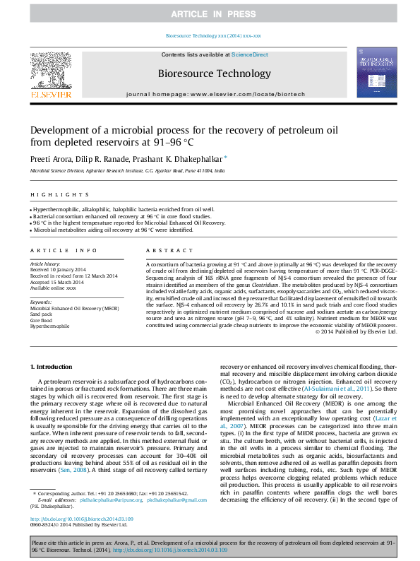 (PDF) Development of a microbial process for the recovery of petroleum ...