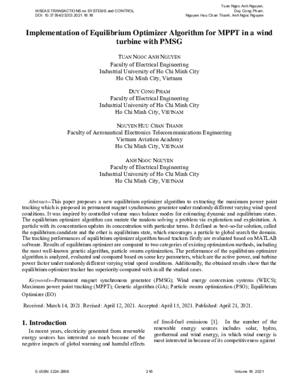 Pdf Implementation Of Equilibrium Optimizer Algorithm For Mppt In A Wind Turbine With Pmsg