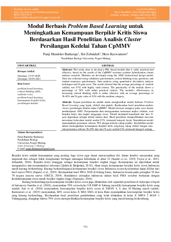 (PDF) Modul Berbasis Problem Based Learning untuk Meningkatkan Kemampuan Berpikir Kritis Siswa ...