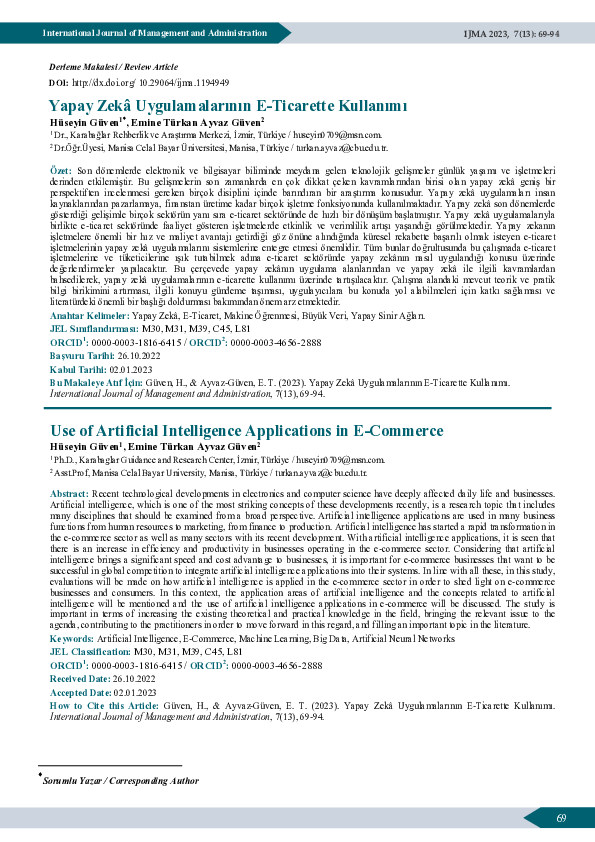 (PDF) Yapay Zekâ Uygulamalarının E-Ticarette Kullanımı
