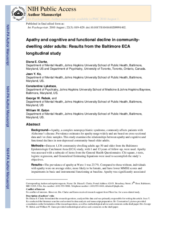 (PDF) Apathy and cognitive and functional decline in community-dwelling older adults: results ...