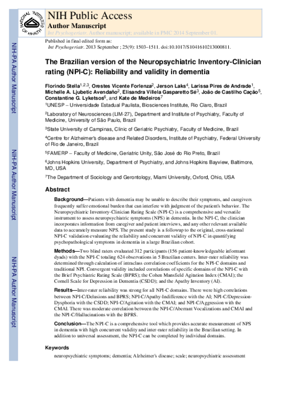 (PDF) The Brazilian version of the Neuropsychiatric Inventory-Clinician ...