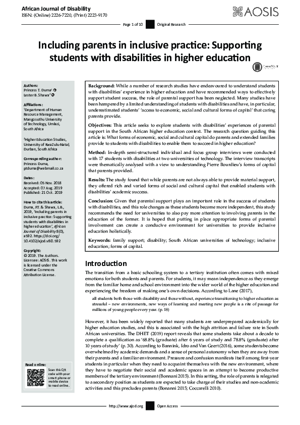 (PDF) Including parents in inclusive practice: Supporting students with disabilities in higher ...