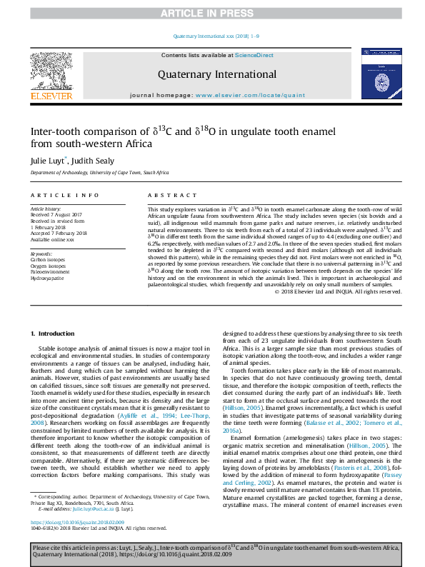 (PDF) Inter-tooth comparison of δ13C and δ18O in ungulate tooth enamel ...