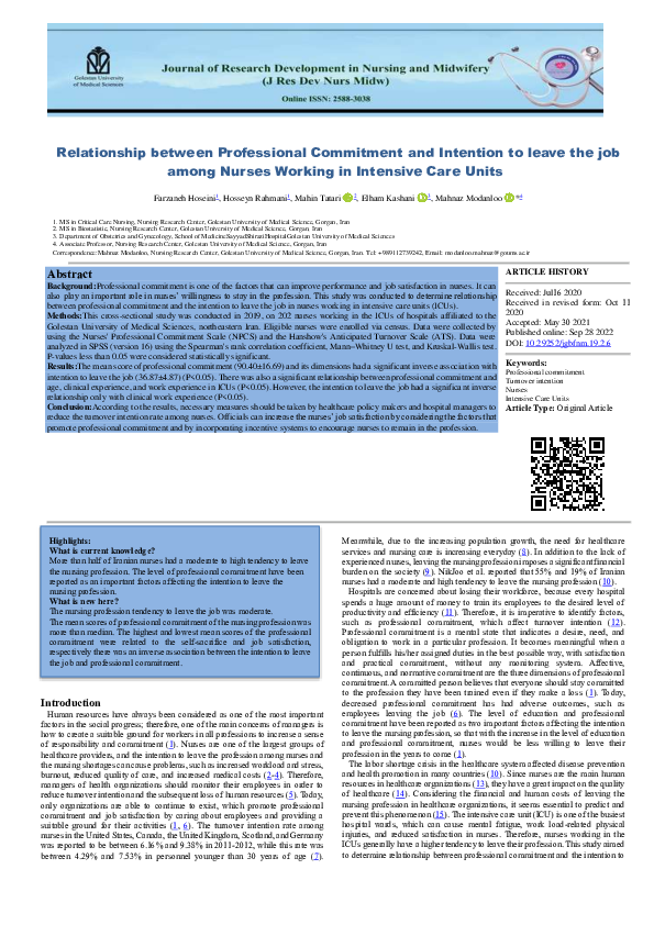 (PDF) Relationship between Professional Commitment and Intention to leave the job among Nurses ...