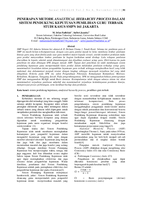 (PDF) Penerapan Metode Analytical Hierarchy Process Dalam Sistem Pendukung Keputusan Pemilihan ...