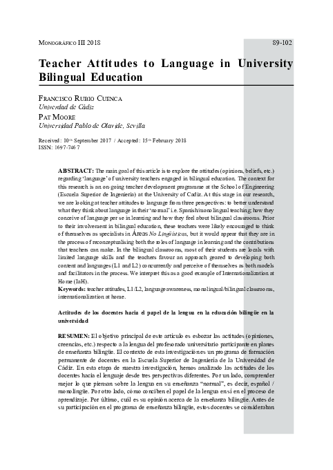 (PDF) Teacher Attitudes to Language in University Bilingual Education