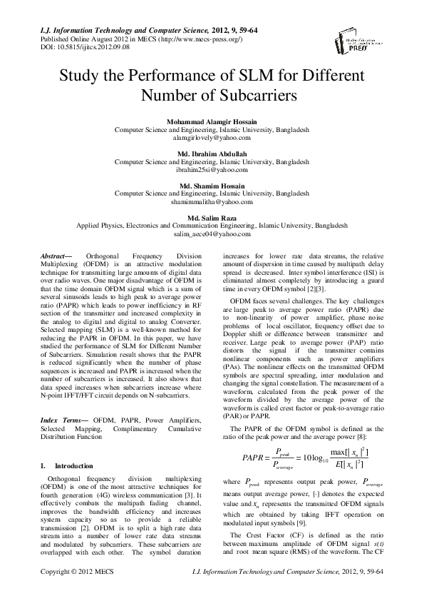(PDF) Study the Performance of SLM for Different Number of Subcarriers