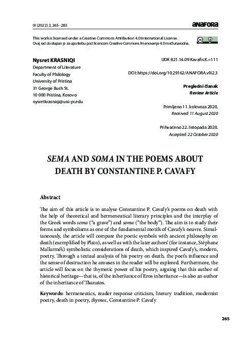 (PDF) Sema and Soma in the Poems about Death by Constantine P. Cavafy