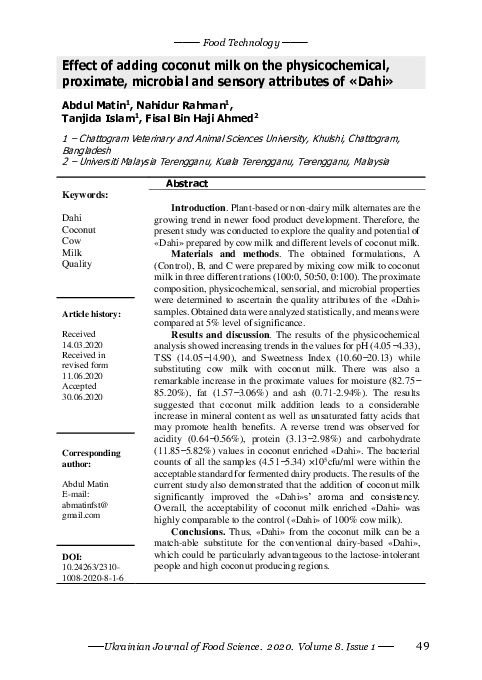 (PDF) Effect of adding coconut milk on the physicochemical, proximate, microbial and sensory ...