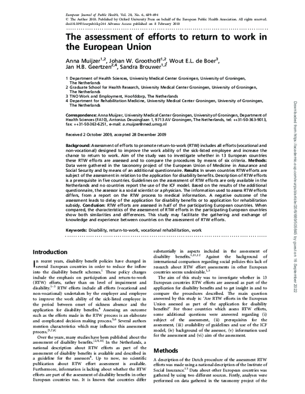 (PDF) The assessment of efforts to return to work in the European Union