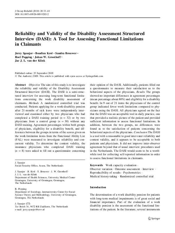 (PDF) Reliability and Validity of the Disability Assessment Structured Interview (DASI): A Tool ...