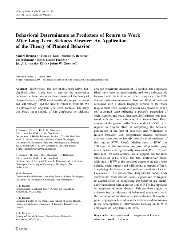 (PDF) Behavioral Determinants as Predictors of Return to Work After ...