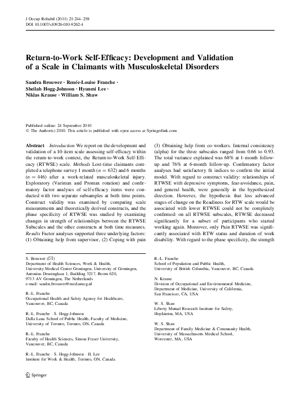 Pdf Return To Work Self Efficacy Development And Validation Of A