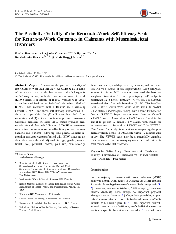 Pdf The Predictive Validity Of The Return To Work Self Efficacy Scale