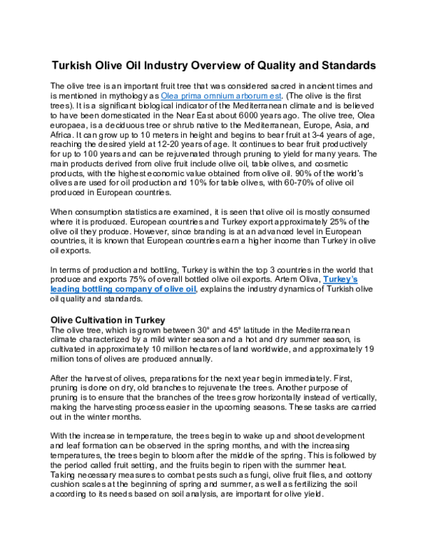 (PDF) Turkish Olive Oil Industry Overview of Quality and Standards