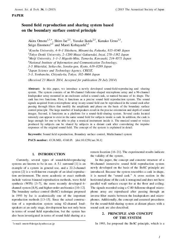 Pdf Sound Field Reproduction And Sharing System Based On The Boundary Surface Control Principle