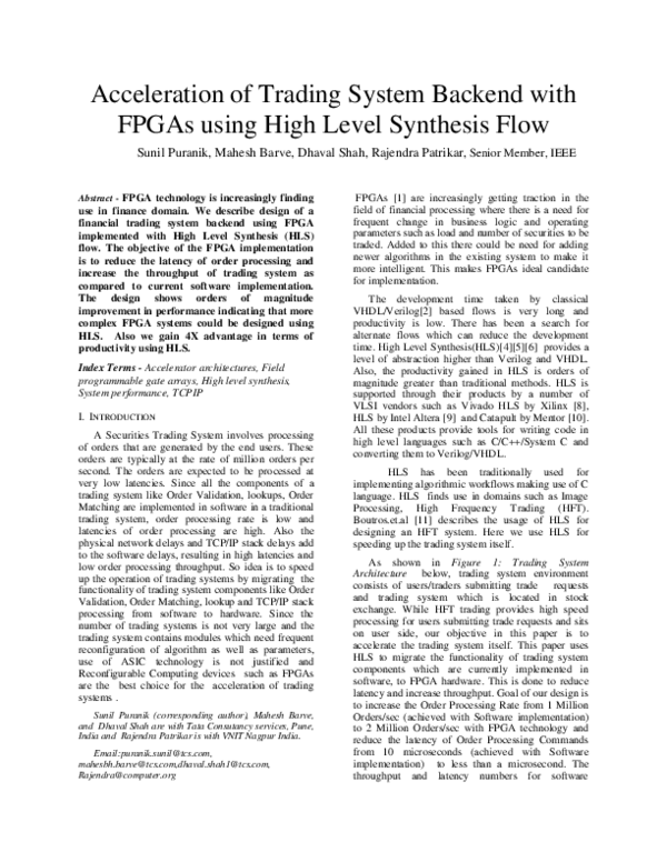 (PDF) Acceleration of Trading System Backend with FPGAs using High Level Synthesis Flow