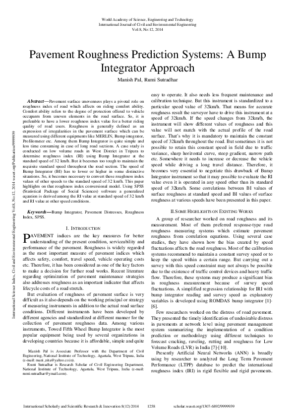 (PDF) Pavement Roughness Prediction Systems: A Bump Integrator Approach