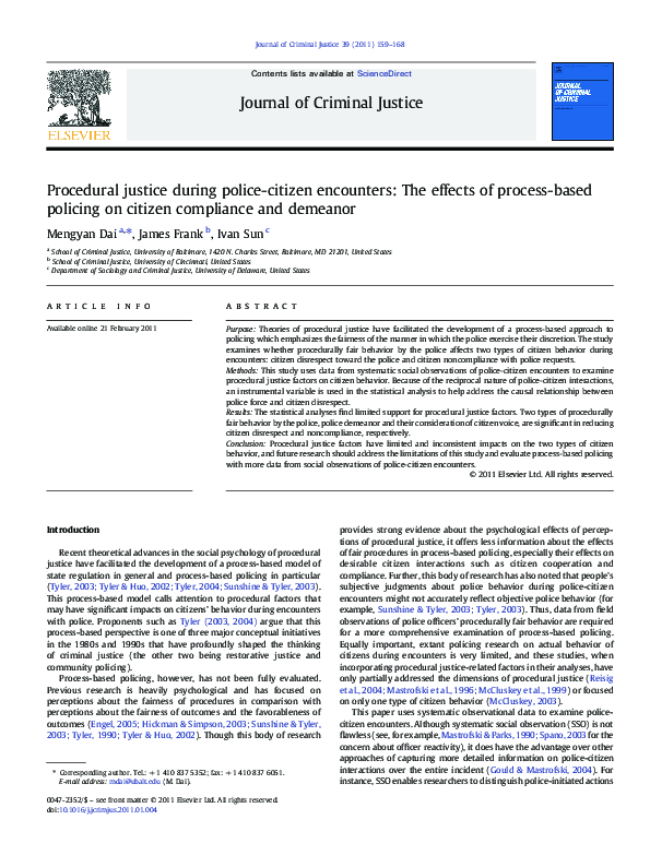 (PDF) Procedural justice during police-citizen encounters: The effects ...