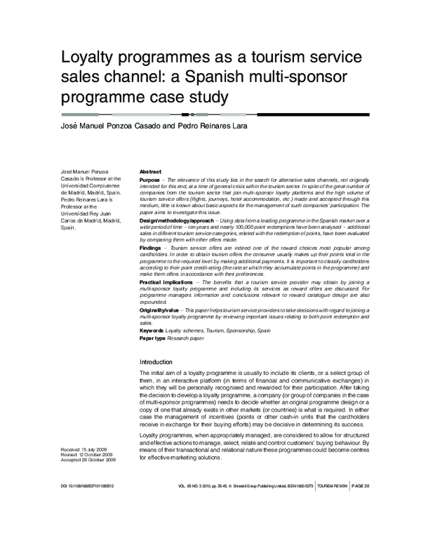 (PDF) Loyalty programmes as a tourism service sales channel: a Spanish ...