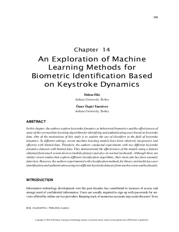 Pdf An Exploration Of Machine Learning Methods For Biometric Identification Based On Keystroke