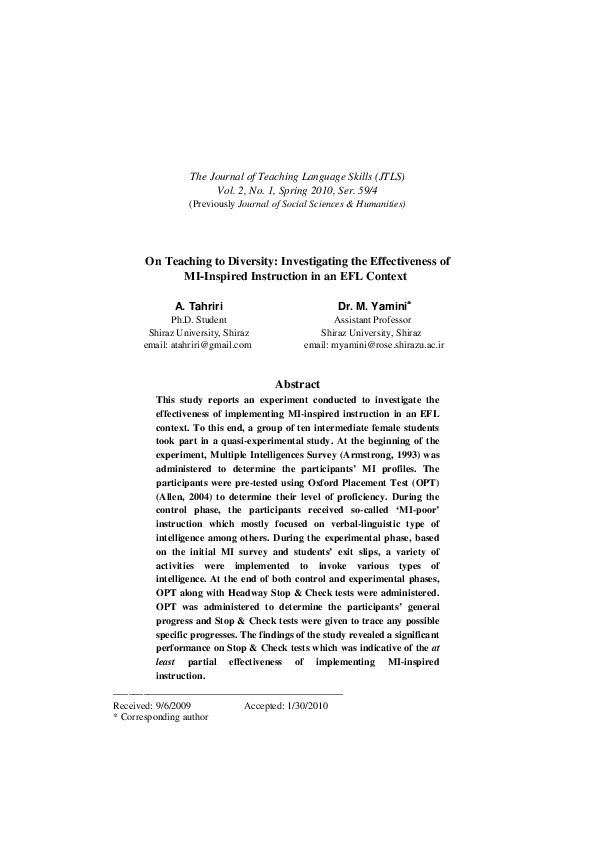 (PDF) On Teaching to Diversity: Investigating the Effectiveness of MI-Inspired Instruction in an ...