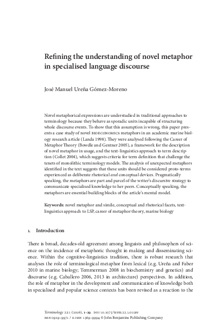 (PDF) Refining the understanding of novel metaphor in specialised language discourse