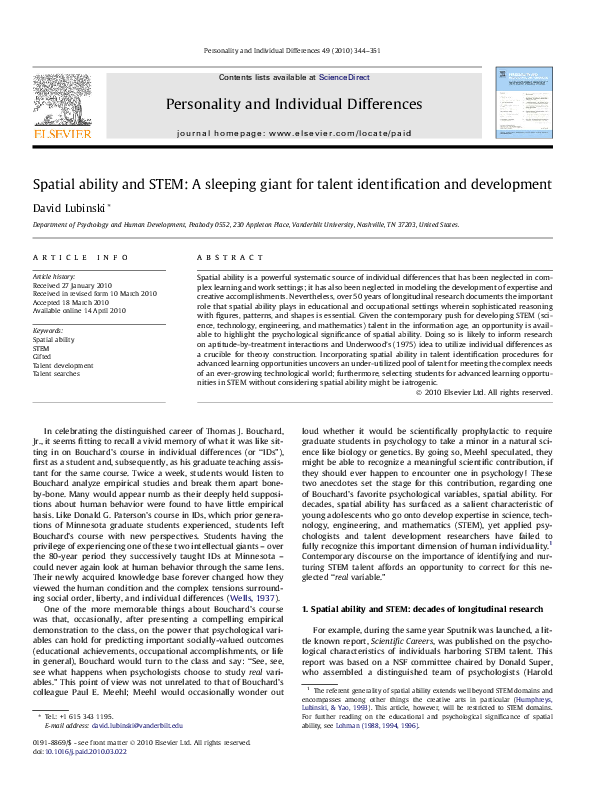 (PDF) Spatial ability and STEM: A sleeping giant for talent ...