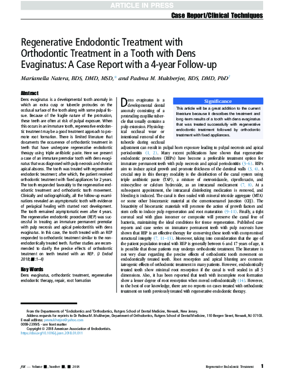 Pdf Regenerative Endodontic Treatment With Orthodontic Treatment In A