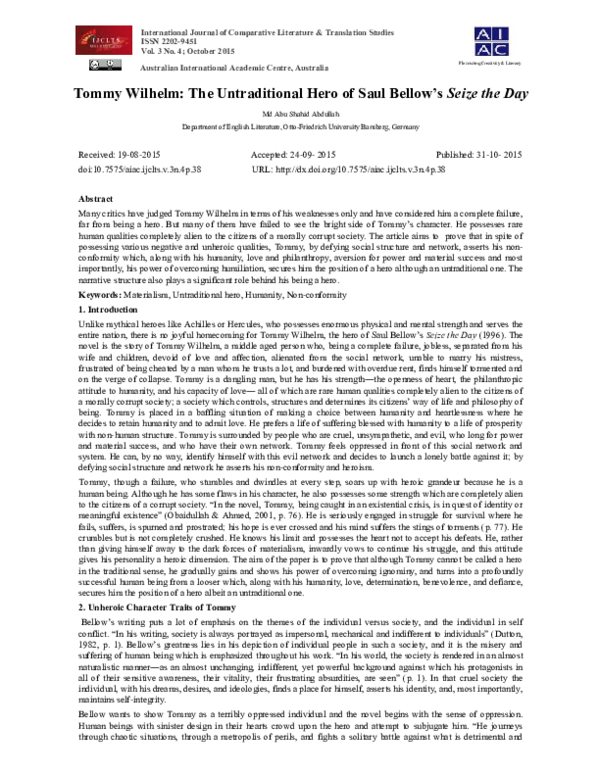(PDF) Tommy Wilhelm: The Untraditional Hero of Saul Bellow’s Seize the Day