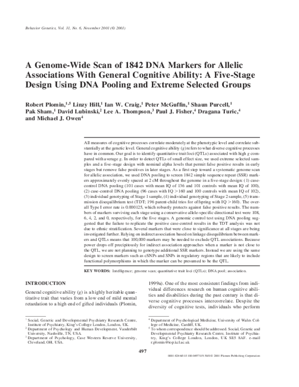 (PDF) A genome-wide scan of 1842 DNA markers for allelic associations with general cognitive ...