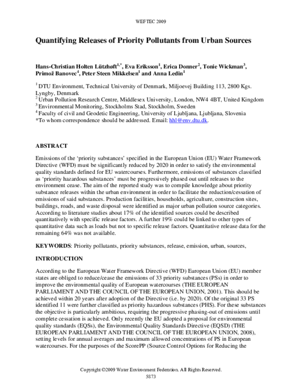 (PDF) Quantifying Releases of Priority Pollutants from Urban Sources