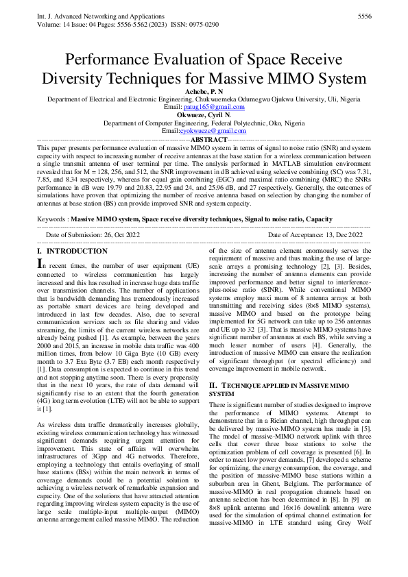 Pdf Performance Evaluation Of Space Receive Diversity Techniques For Massive Mimo System 