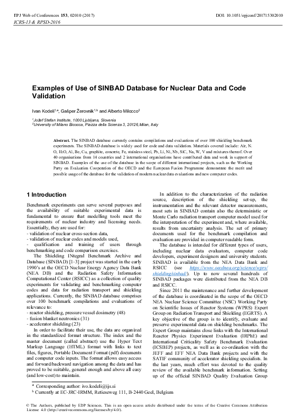 Pdf Examples Of Use Of Sinbad Database For Nuclear Data And Code Validation Ivan Kodeli