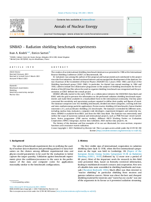Pdf Sinbad Radiation Shielding Benchmark Experiments
