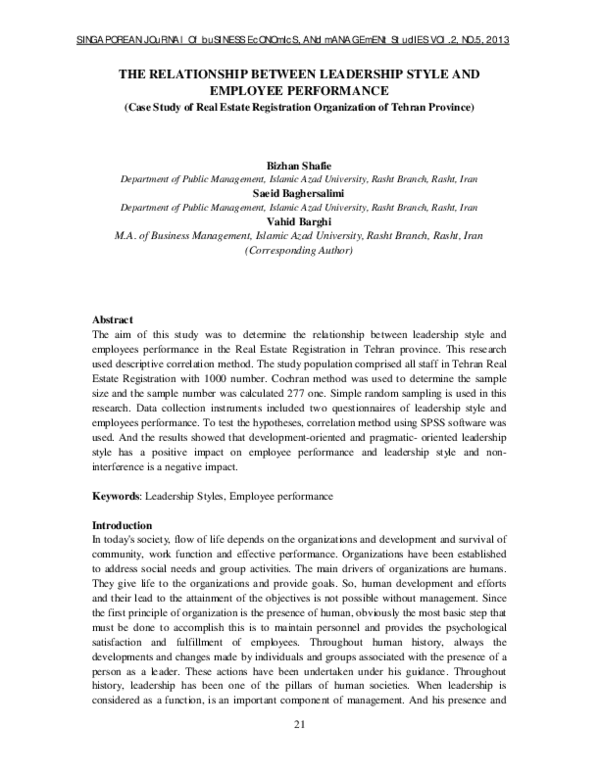 (PDF) The Relationship between Leadership Style and Employee Performance : Case Study of Real ...