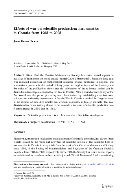 (PDF) Effects of war on scientific production: mathematics in Croatia ...