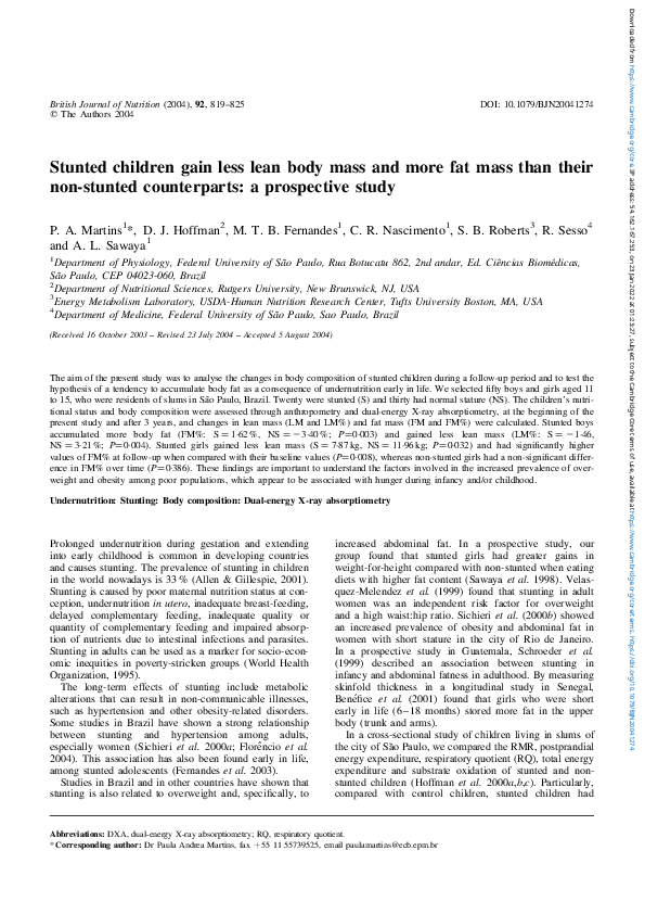 (PDF) Stunted children gain less lean body mass and more fat mass than ...
