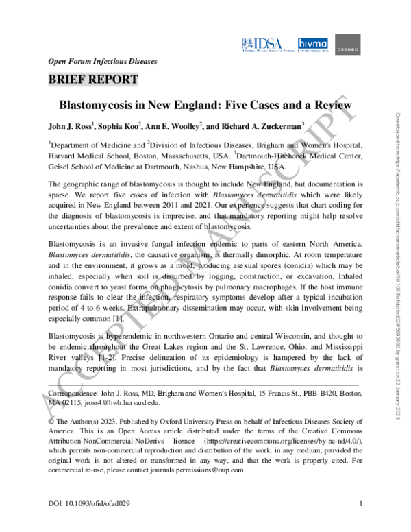 (PDF) Blastomycosis in New England: Five Cases and a Review