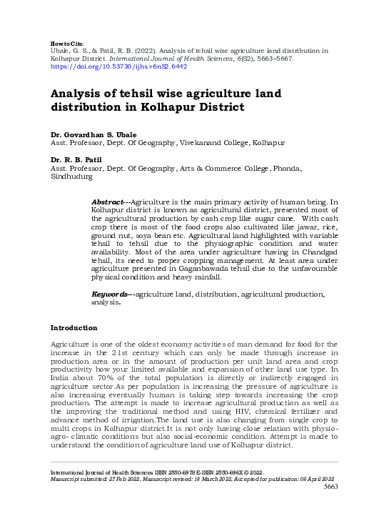 (PDF) Analysis of tehsil wise agriculture land distribution in Kolhapur District