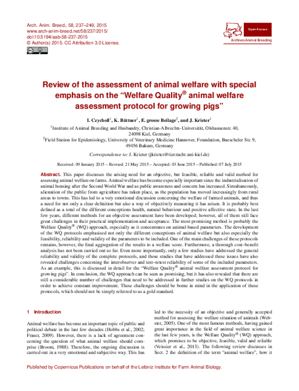 (PDF) Review of the assessment of animal welfare with special emphasis ...