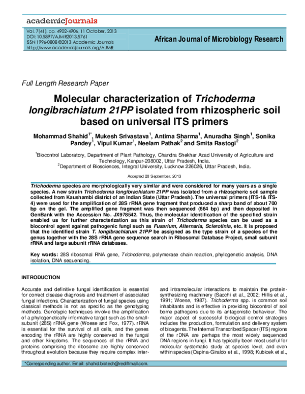 Pdf Molecular Characterization Of Trichoderma Longibrachiatum 21pp Isolated From Rhizospheric