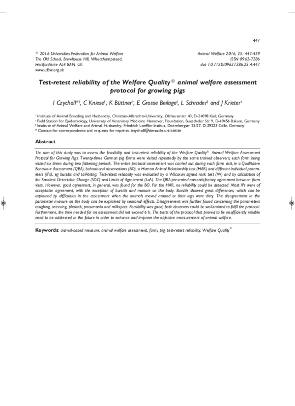 (PDF) Test-retest reliability of the Welfare Quality® animal welfare ...