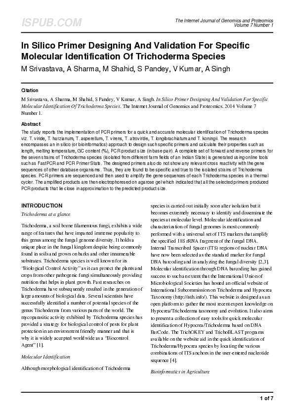 (PDF) In silico Primer Designing and Validation for Specific Molecular Identification of ...